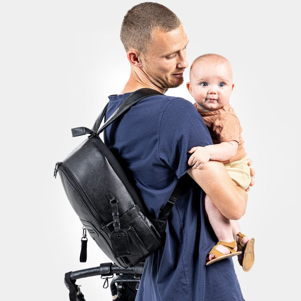 ONE NINE Nappy Backpack - Black Leather Unisex Baby Bag